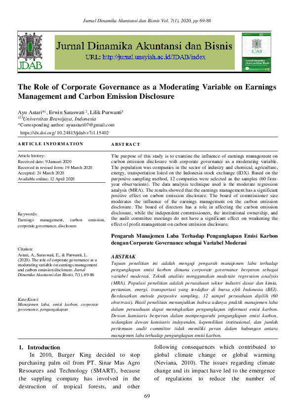 (PDF) The Role of Corporate Governance as a Moderating Variable on Earnings Management and ...