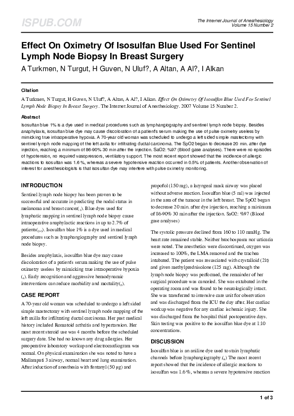 (PDF) Effect On Oximetry Of Isosulfan Blue Used For Sentinel