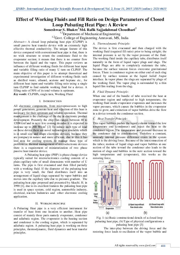 Pdf Effect Of Working Fluids And Fill Ratio On Design Parameters Of Closed Loop Pulsating Heat