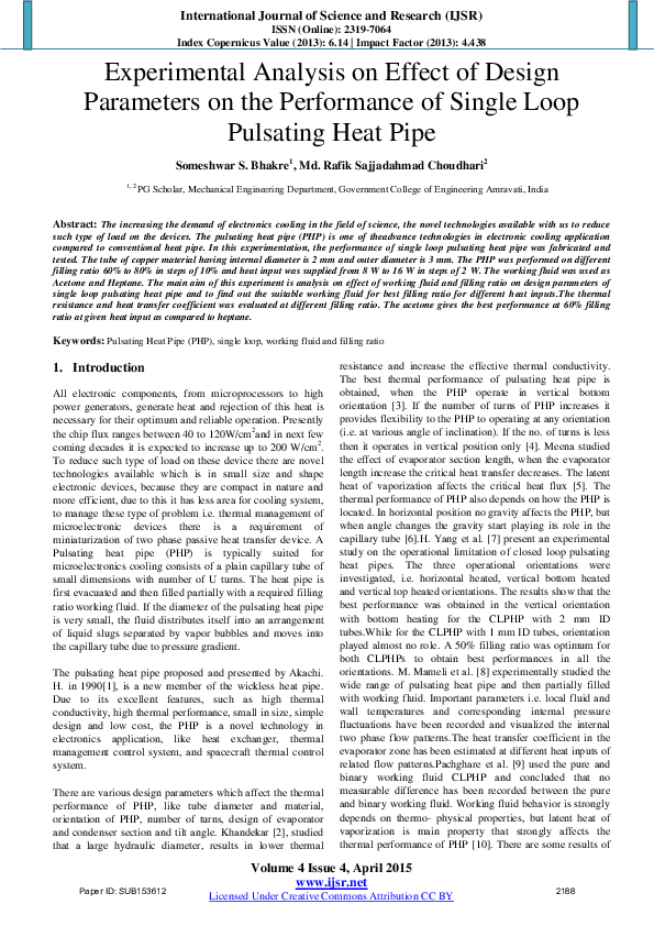 (PDF) Experimental Analysis on Effect of Design Parameters on the Performance of Single Loop ...