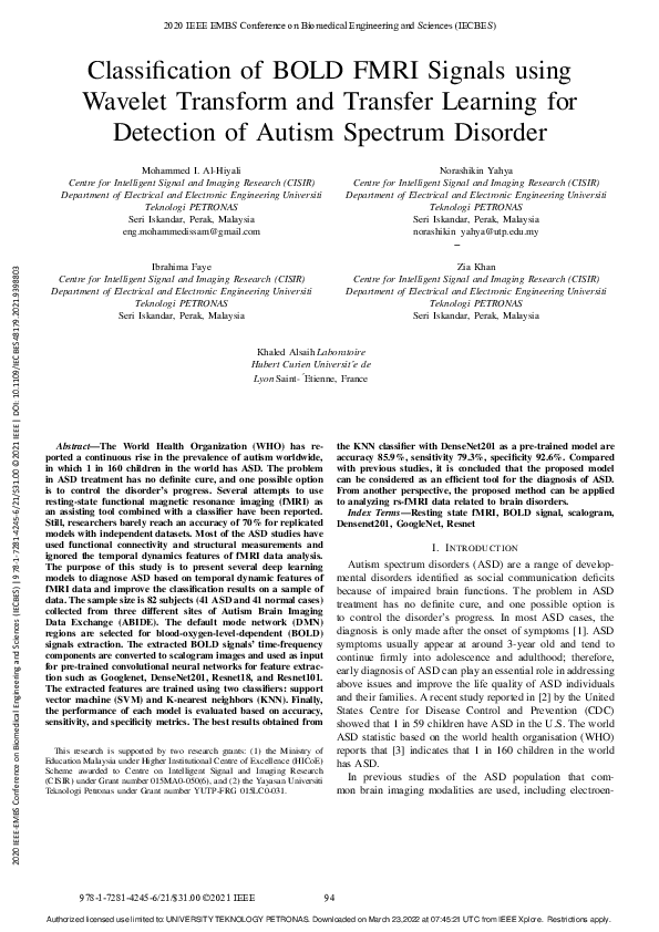 Pdf Classification Of Bold Fmri Signals Using Wavelet Transform And Transfer Learning For