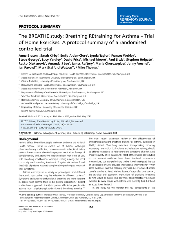 (PDF) The BREATHE study: Breathing REtraining for Asthma – Trial of ...
