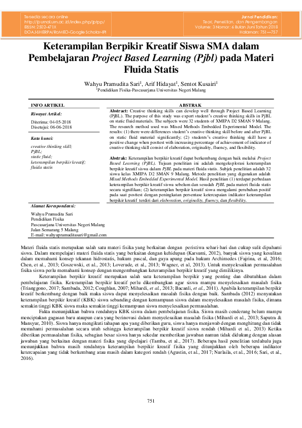 (PDF) Keterampilan Berpikir Kreatif Siswa SMA dalam Pembelajaran Project Based Learning (Pjbl ...