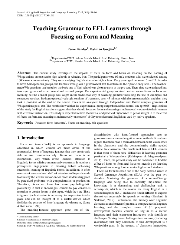 Pdf Teaching Grammar To Efl Learners Through Focusing On Form And Meaning