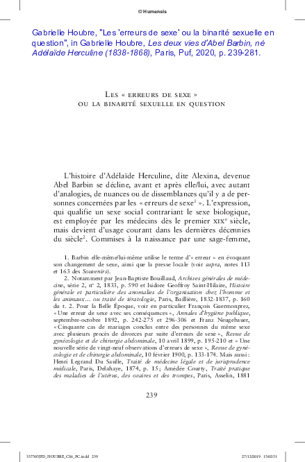 (PDF) Gabrielle Houbre, "'Les erreurs de sexe' ou la binarite sexuelle ...