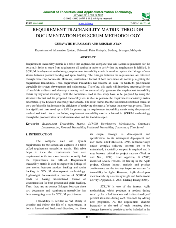 (PDF) Requirement Traceability Matrix Through Documentation for Scrum Methodology