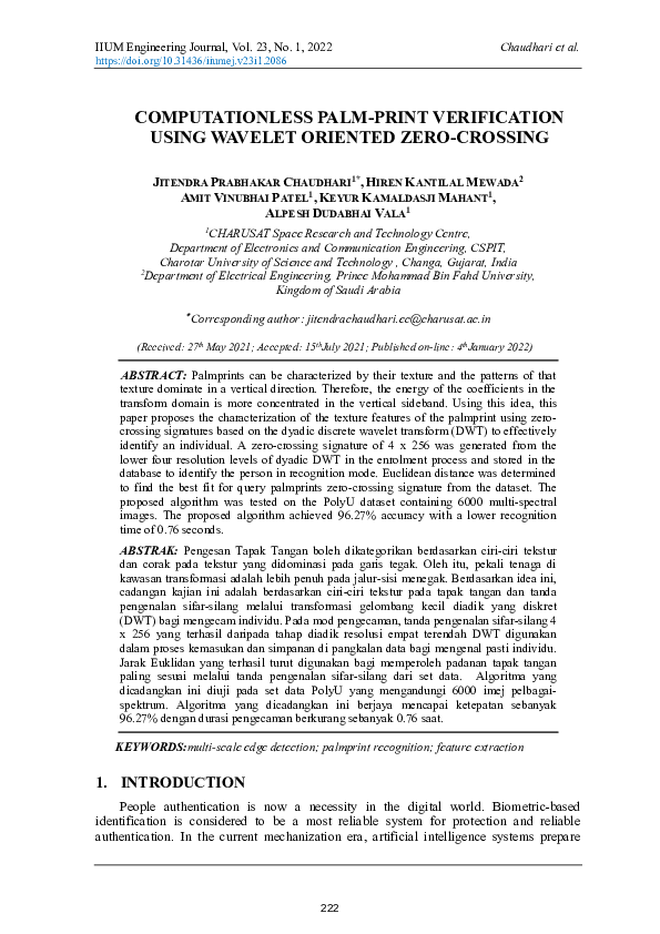 Pdf Computationless Palm Print Verification Using Wavelet Oriented