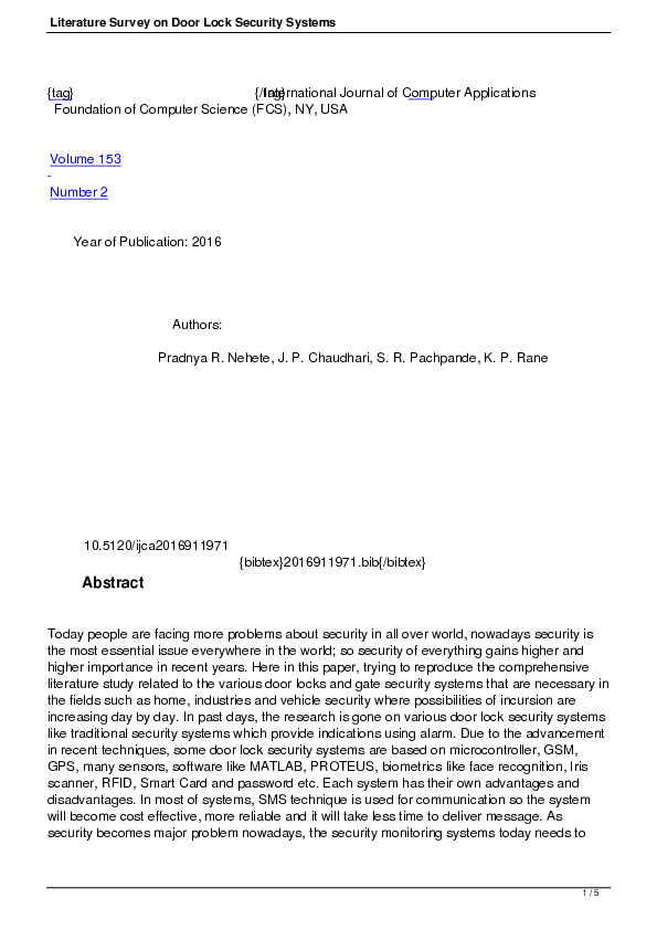 (PDF) Literature Survey on Door Lock Security Systems