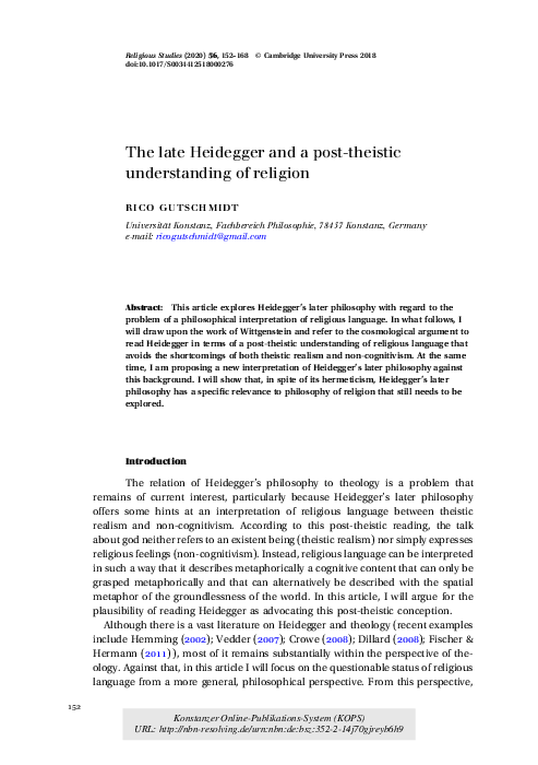 (PDF) The late Heidegger and a post-theistic understanding of religion
