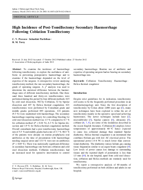 (PDF) High Incidence of Post-Tonsillectomy Secondary Haemorrhage ...