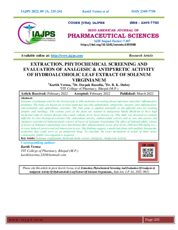 (PDF) EXTRACTION, PHYTOCHEMICAL SCREENING AND EVALUATION OF ANALGESIC ...
