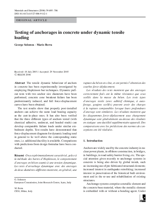 (PDF) Testing of anchorages in concrete under dynamic tensile loading ...