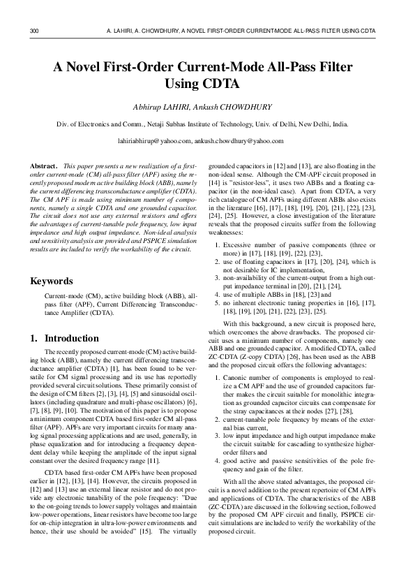 (PDF) A novel first-order current-mode all-pass filter using CDTA