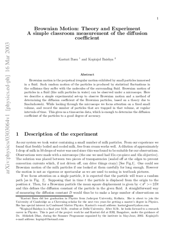 (PDF) Brownian motion: Theory and experiment a simple classroom ...