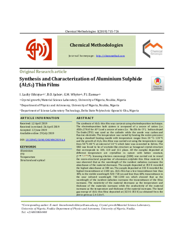 (PDF) Synthesis and Characterization of Aluminium Sulphide (Al2S3) Thin ...