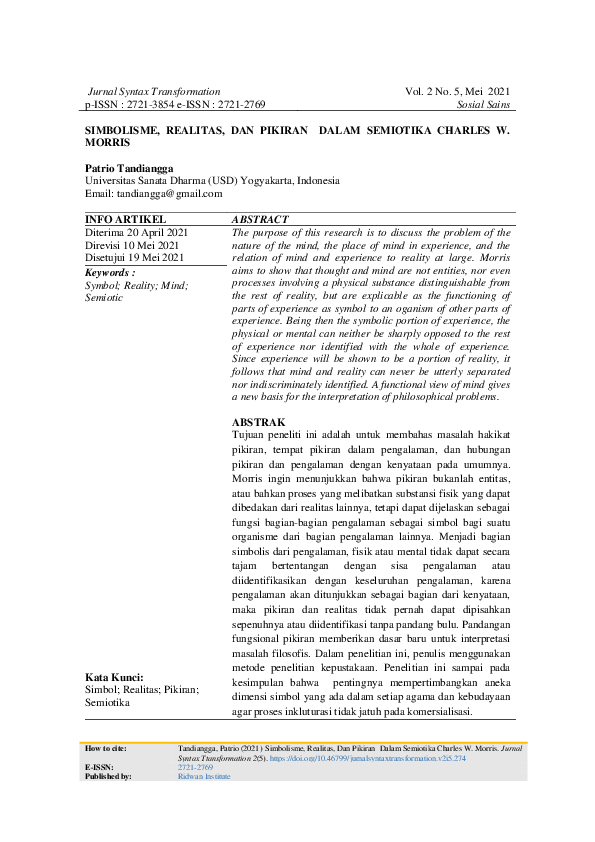 (PDF) Simbolisme, Realitas, dan Pikiran dalam Semiotika Charles W. Morris