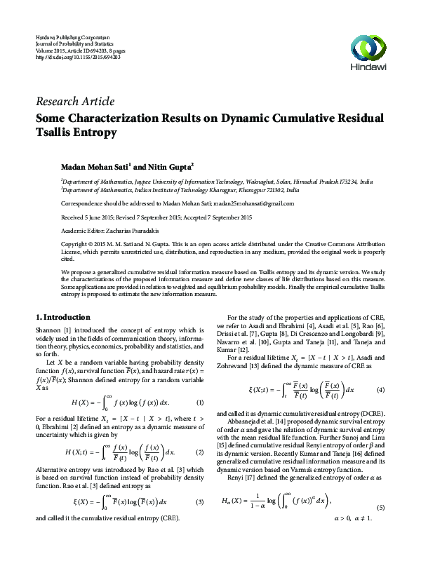(PDF) Some Characterization Results on Dynamic Cumulative Residual Tsallis Entropy