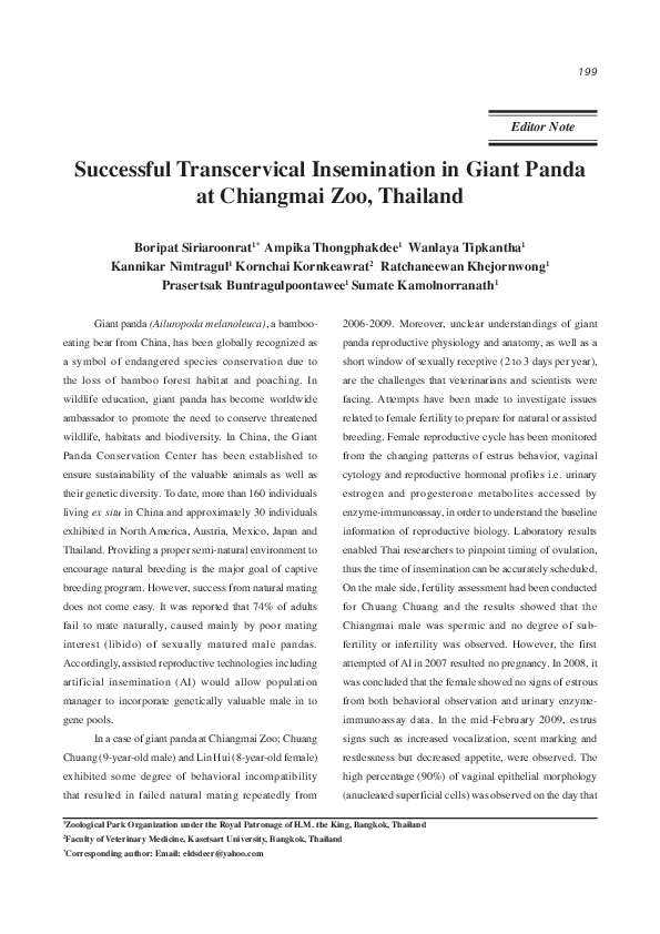 (PDF) Successful Transcervical Insemination in Giant Panda at Chiangmai Zoo, Thailand