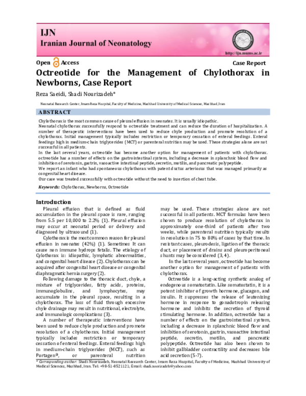 (PDF) Octreotide for the Management of Chylothorax in newborns, case report