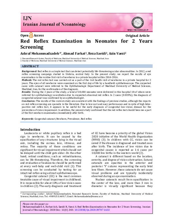 (PDF) Red Reflex Examination in Neonates for 2 Years Screening