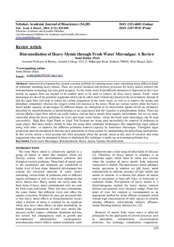(PDF) Bioremediation of Heavy Metals through Fresh Water Microalgae : A Review