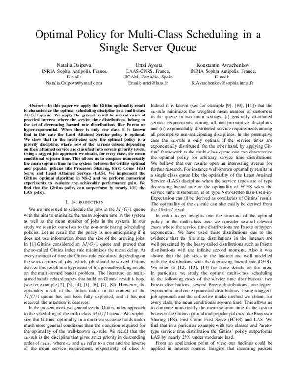 (PDF) Optimal policy for multi-class scheduling in a single server queue