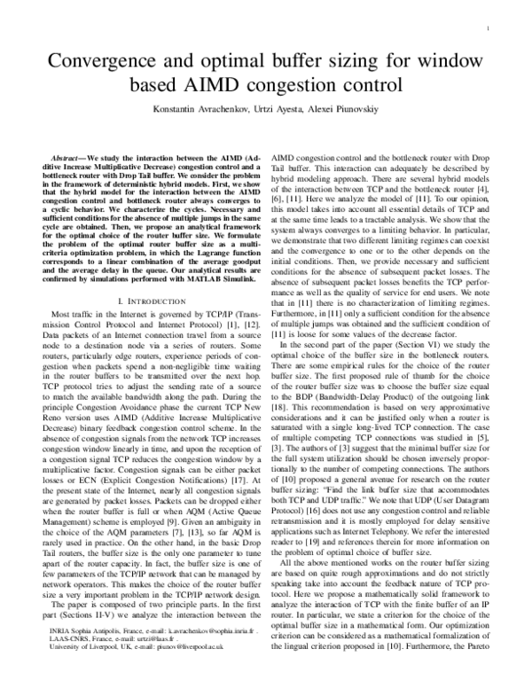 Pdf Convergence And Optimal Buffer Sizing For Window Based Aimd Congestion Control