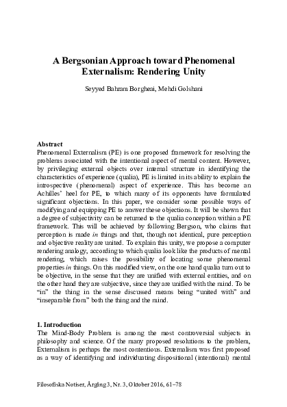 (PDF) A Bergsonian Approach toward Phenomenal Externalism: Rendering Unity
