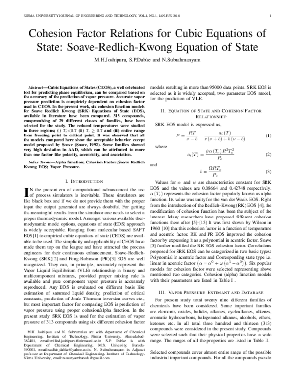 (PDF) Cohesion Factor Relations for Cubic Equations ofState: Soave ...