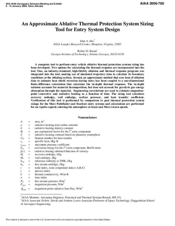(PDF) An Approximate Ablative Thermal Protection System Sizing Tool for ...