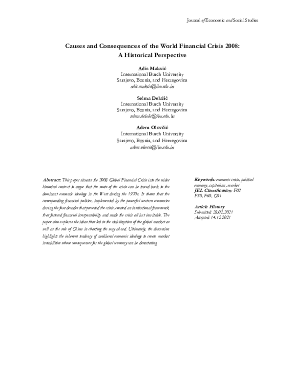 (PDF) Causes and Consequences of the World Financial Crisis 2008: A ...