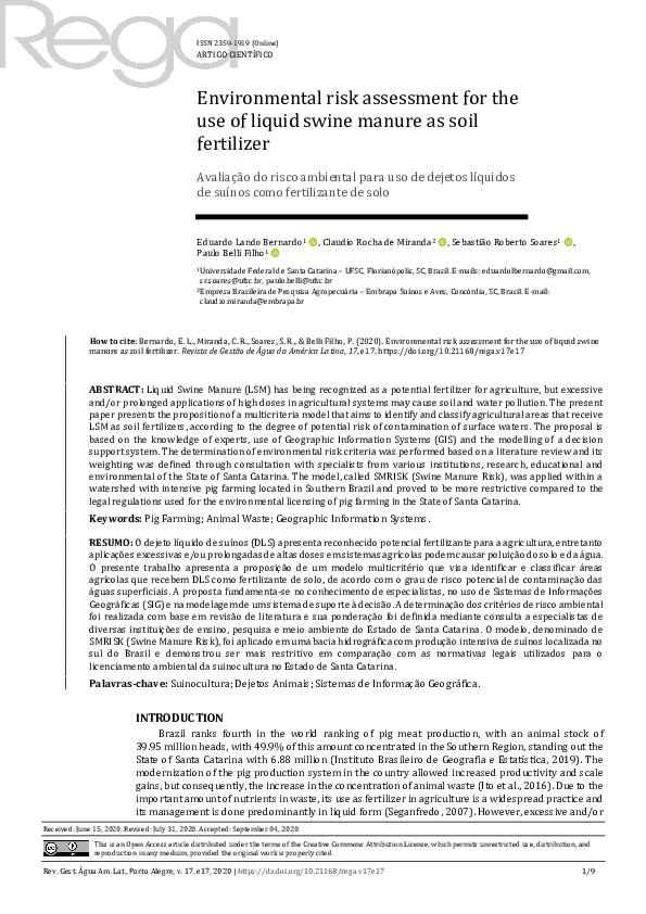 (PDF) Environmental Risk Assessment for the Use of Liquid Swine Manure ...