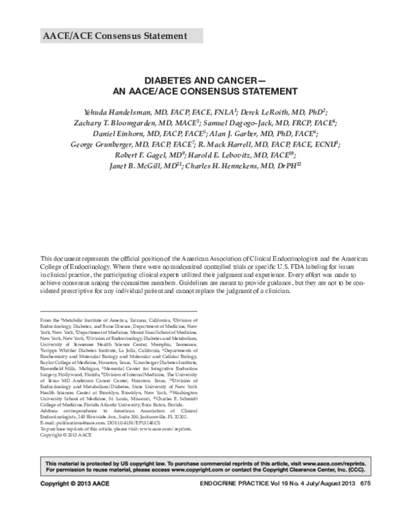 (PDF) Diabetes and Cancer—An AACE/ACE Consensus Statement