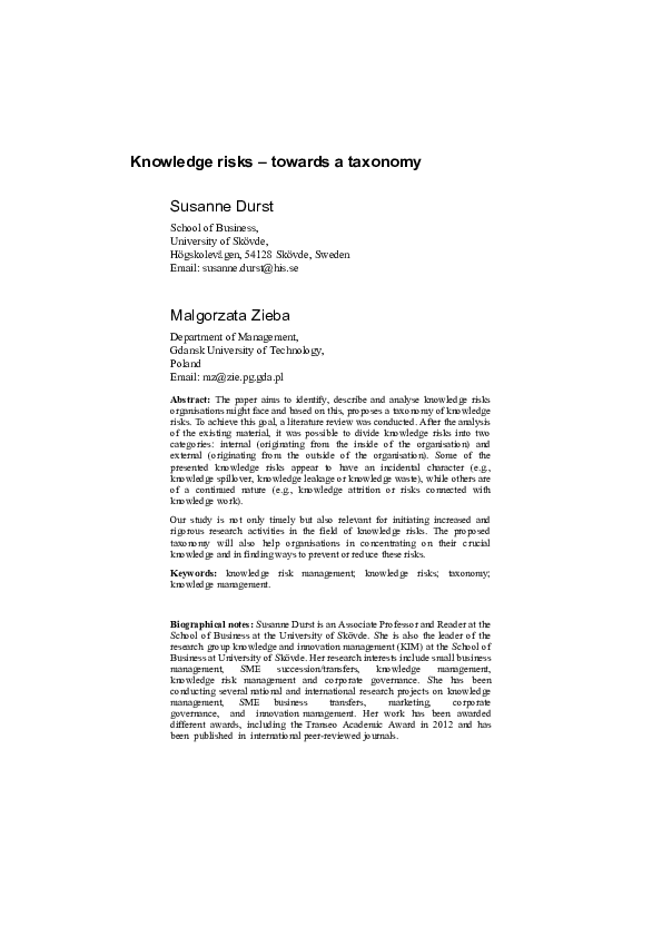 (PDF) Knowledge risks - towards a taxonomy