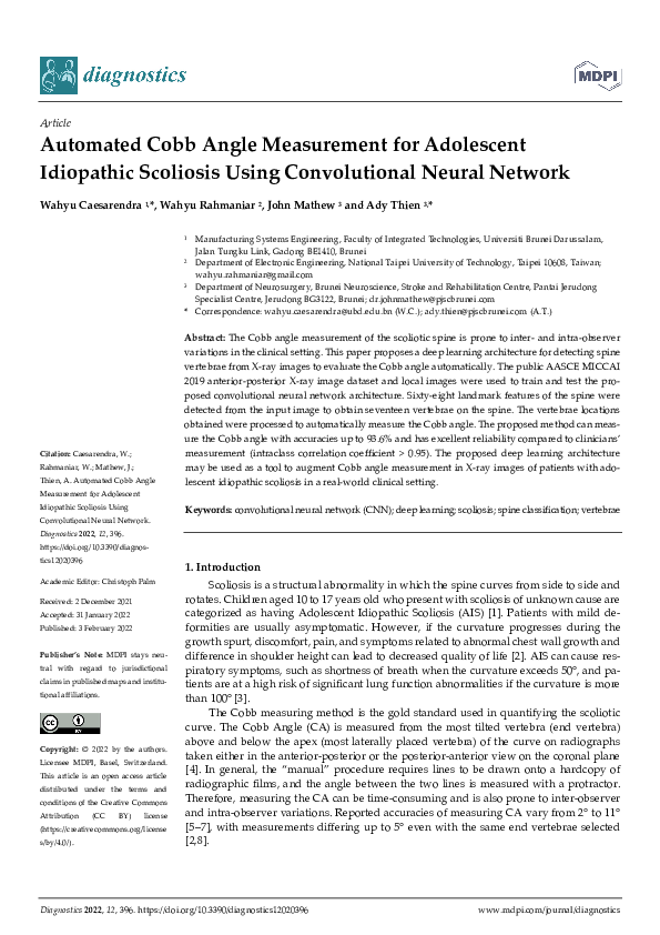 (PDF) Automated Cobb Angle Measurement for Adolescent Idiopathic Scoliosis Using Convolutional ...