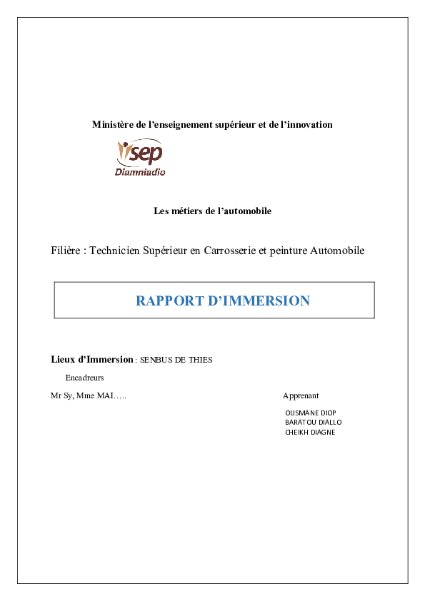 (DOC) RAPPORT D'IMMERSION Lieux d'Immersion : SENBUS DE THIES Encadreurs