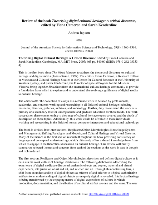 (PDF) Review of the book Theorizing digital cultural heritage: A ...