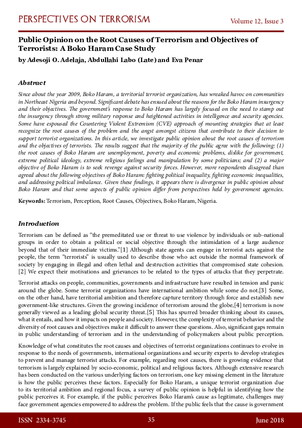 (PDF) Public Opinion on the Root Causes of Terrorism and Objectives of Terrorists: A Boko Haram ...