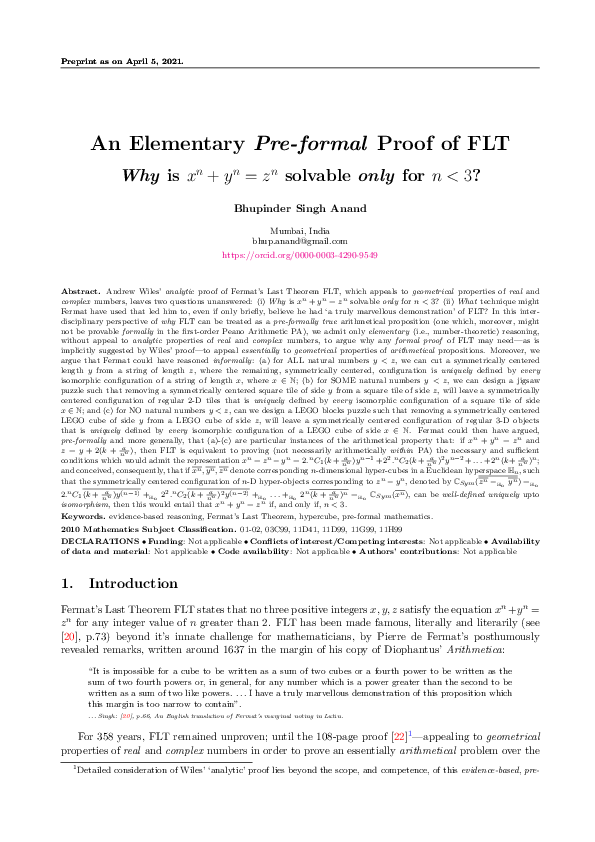 (PDF) An Elementary Pre-formal Proof of FLT
