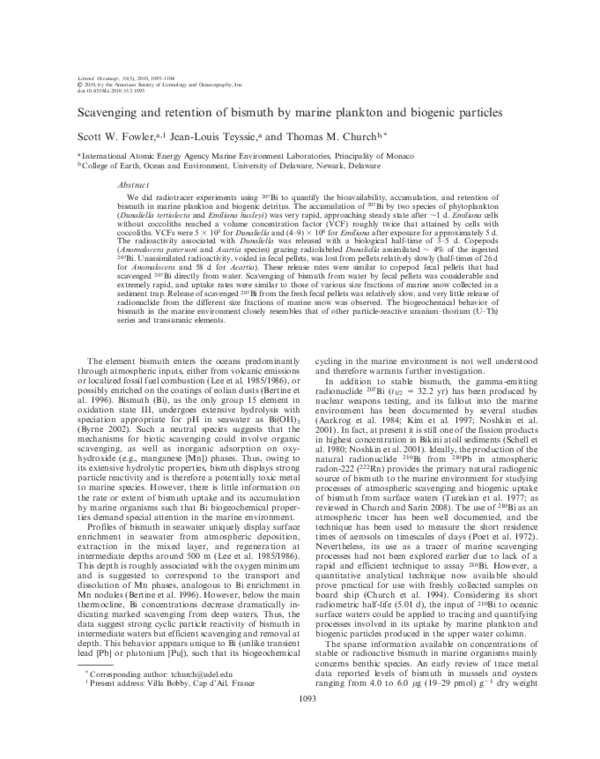 (PDF) Scavenging and retention of bismuth by marine plankton and ...
