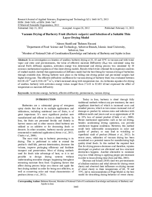 (PDF) Vacuum Drying of Barberry Fruit (Berberis vulgaris) and Selection of a Suitable Thin Layer ...