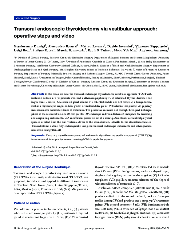 (PDF) Transoral endoscopic thyroidectomy via vestibular approach: operative steps and video