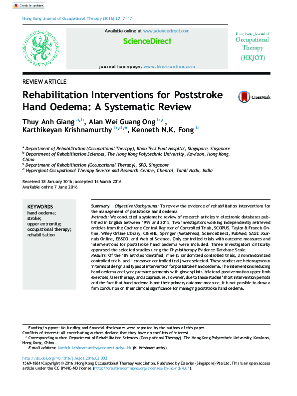 (PDF) Rehabilitation Interventions for Poststroke Hand Oedema: A ...