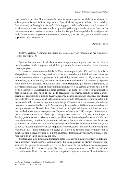 (PDF) Camps, Victoria: “Spinoza. La fuerza de los afectos”, El gobierno ...