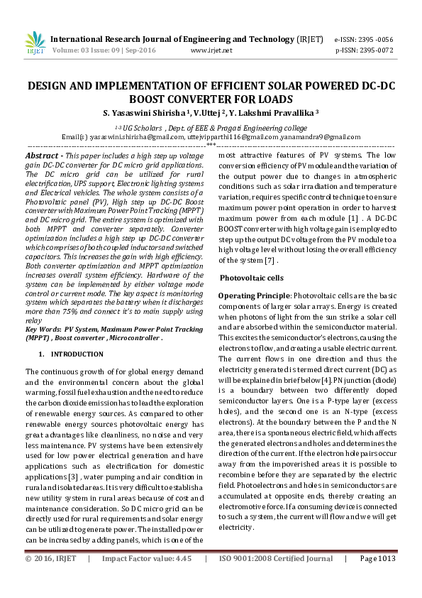 (PDF) Design and Implementation of Efficient Solar Powered DC-DC Boost Converter for Loads