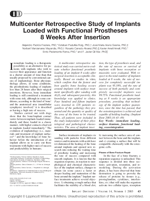 (PDF) Multicenter Retrospective Study of Implants Loaded with Functional Prostheses 8 Weeks ...