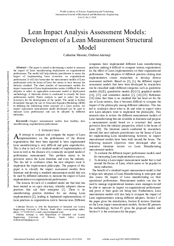 (PDF) Lean Impact Analysis Assessment Models: Development Of A Lean ...