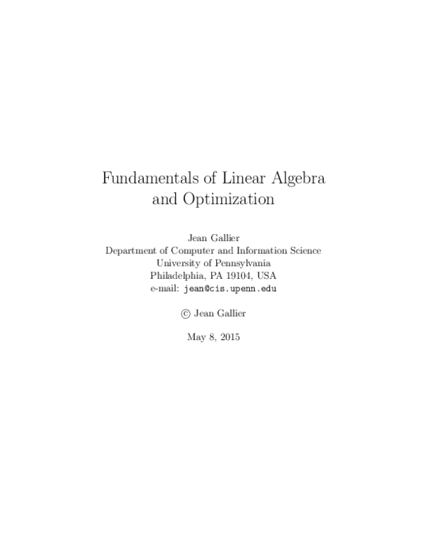 (PDF) Fundamentals of Linear Algebra and Optimization CIS515, Some Notes