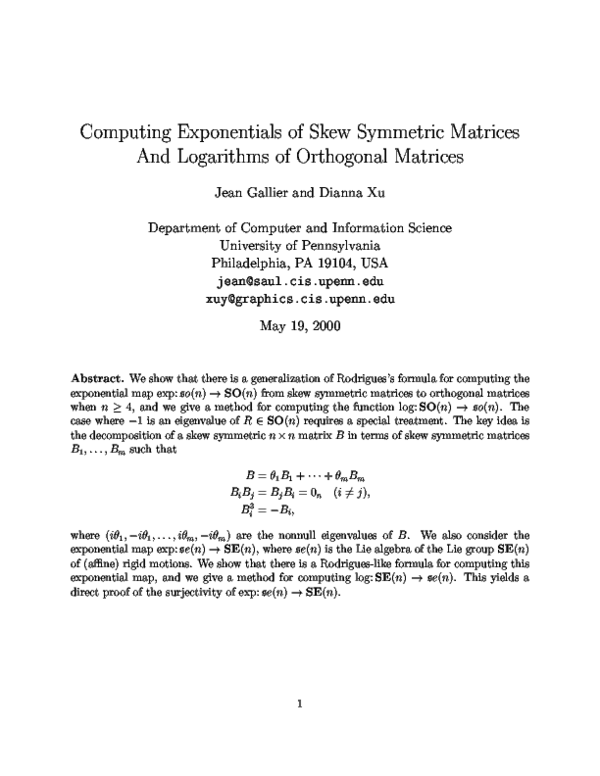 Pdf Computing Exponentials Of Skew Symmetric Matrices And Logarithms Of Orthogonal Matrices