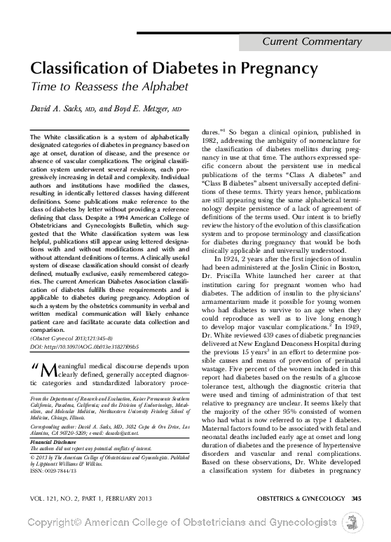 (PDF) Classification of diabetes in pregnancy: time to reassess the ...